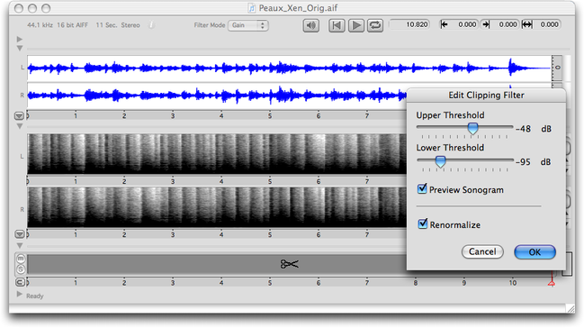 AudioSculpt : exemples sonores - Filtrage par “Clipping”